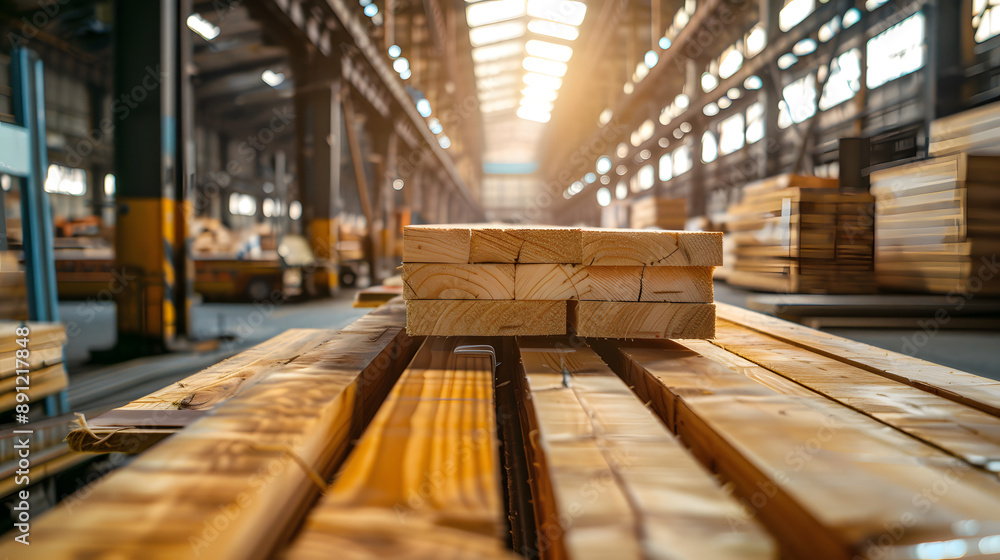 The sunlit interior of a woodworking factory showcasing stacks of ...