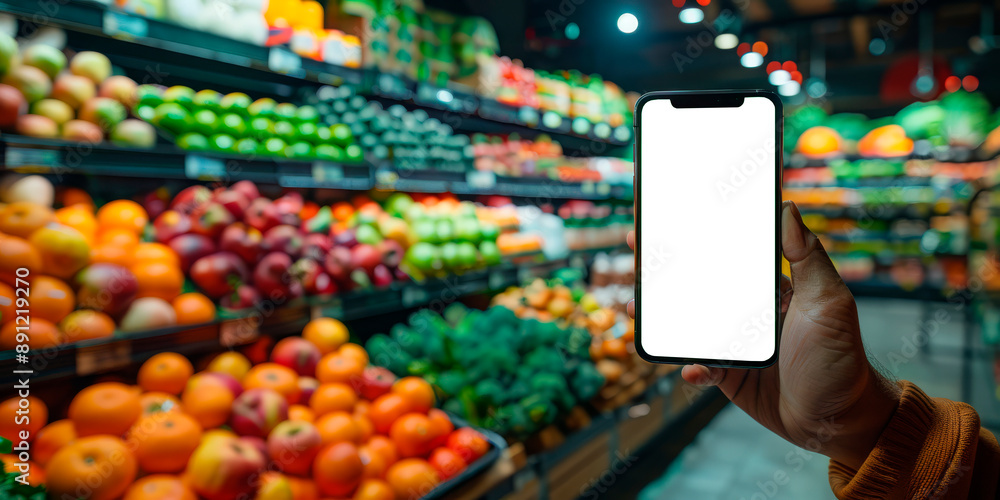Smartphone with a transparent screen held in a hand at a grocery store ...