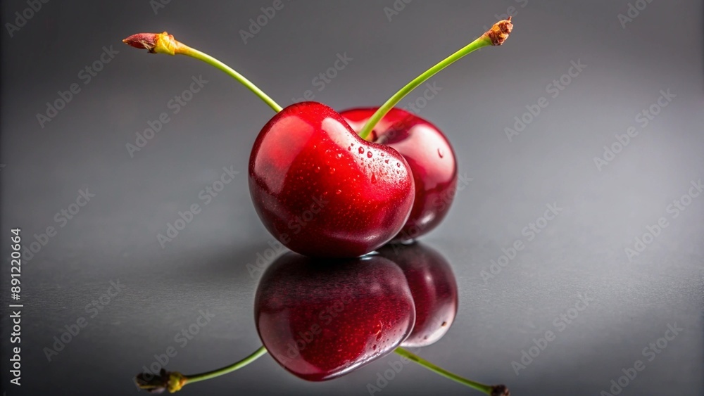A bitten cherry, with the stem still attached, resting on a reflective ...