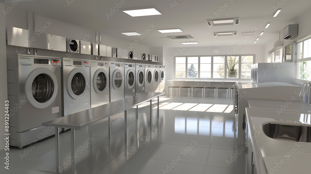 A bright and modern laundromat interior with rows of stainless steel ...