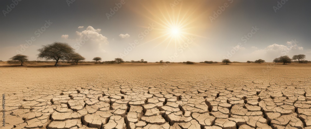 Cracked dry desert landscape under intense sunlight, showcasing the ...