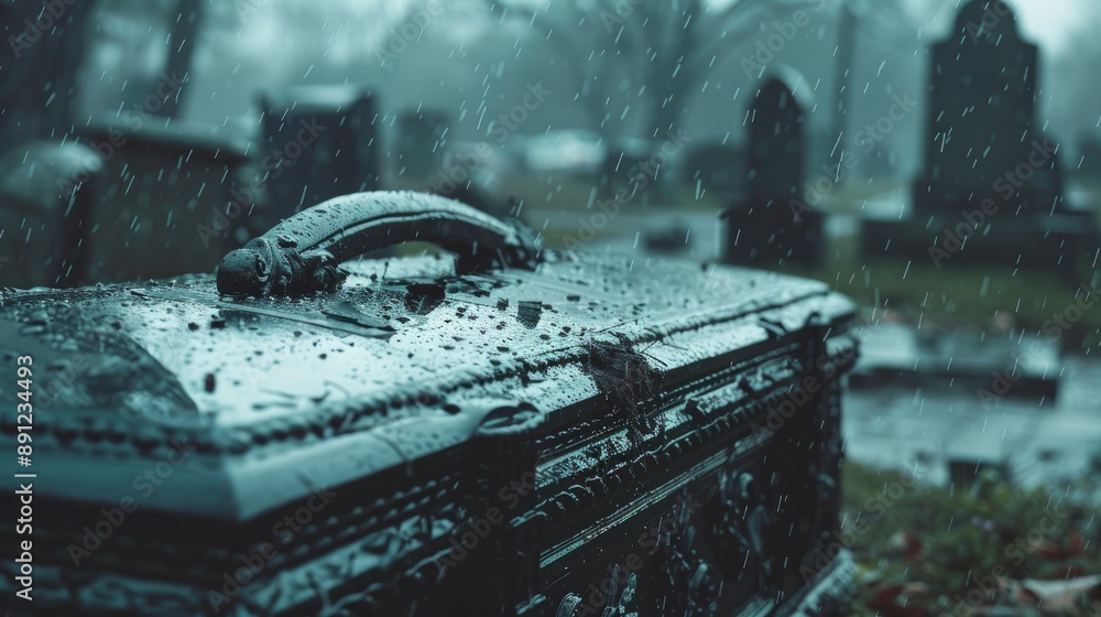 Rain-soaked black coffin in a graveyard, evoking a solemn and ...