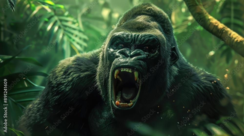 Silverback gorilla, angry and roaring in the dense jungle. Strong and ...