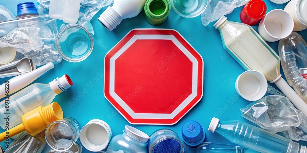 Plastic pollution awareness with stop sign, bottle, caps, cups ...