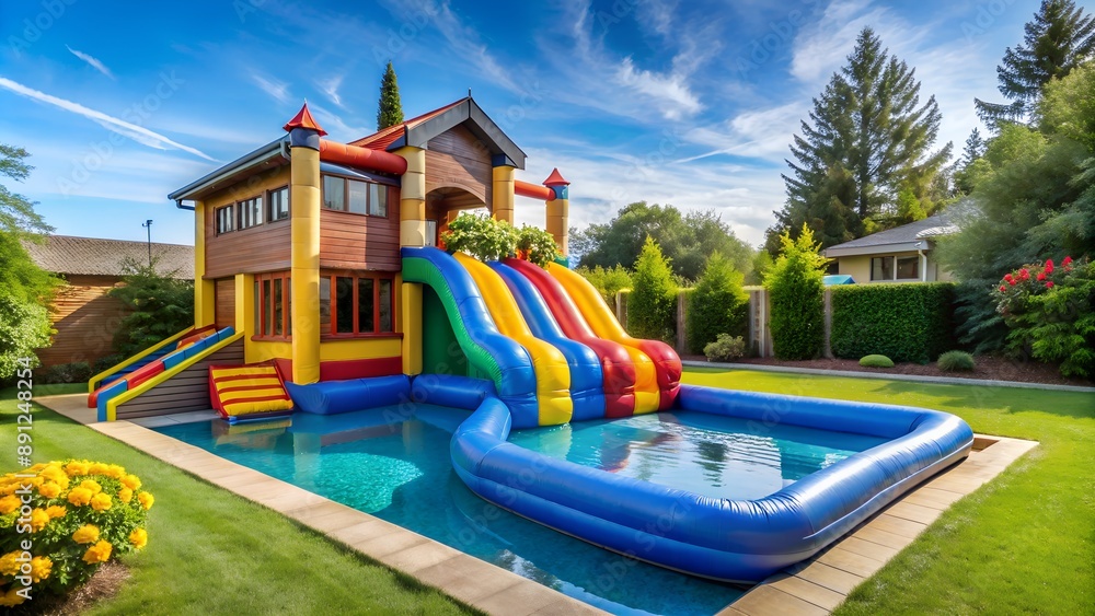 Giant inflatable water slide and pool transforming backyard into water ...