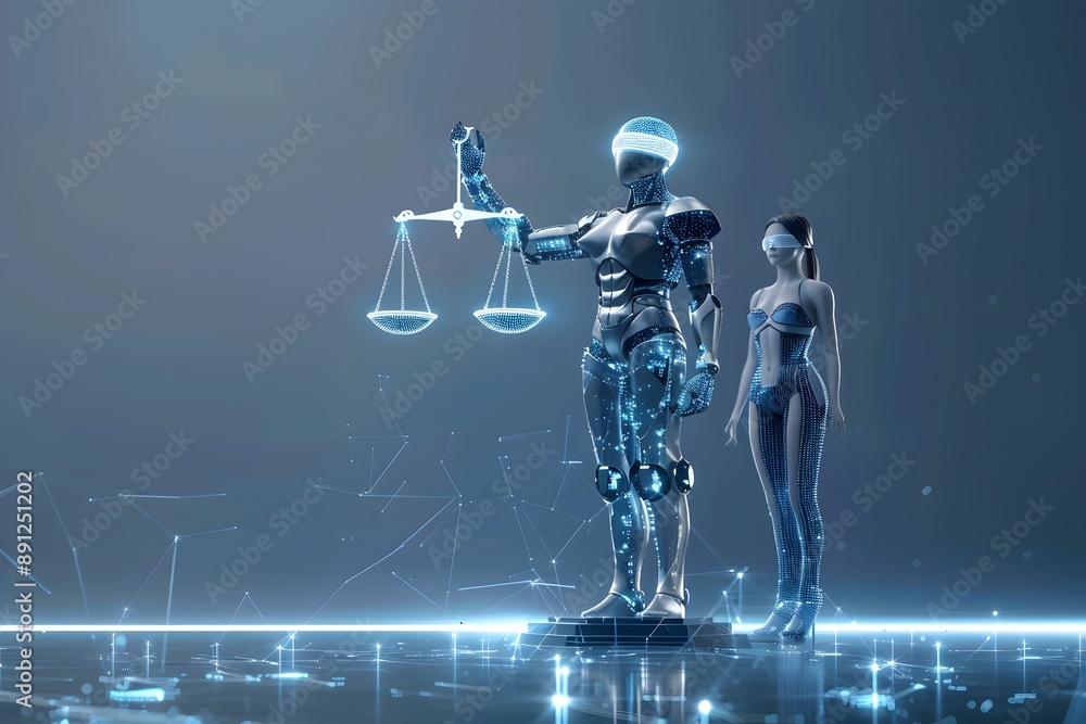 Robotic judge and human analyze justice with holographic scales in ...