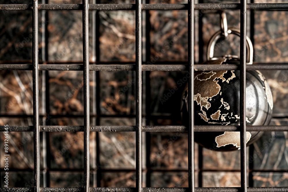 Planet Earth in the form of a castle is located behind bars in a prison ...