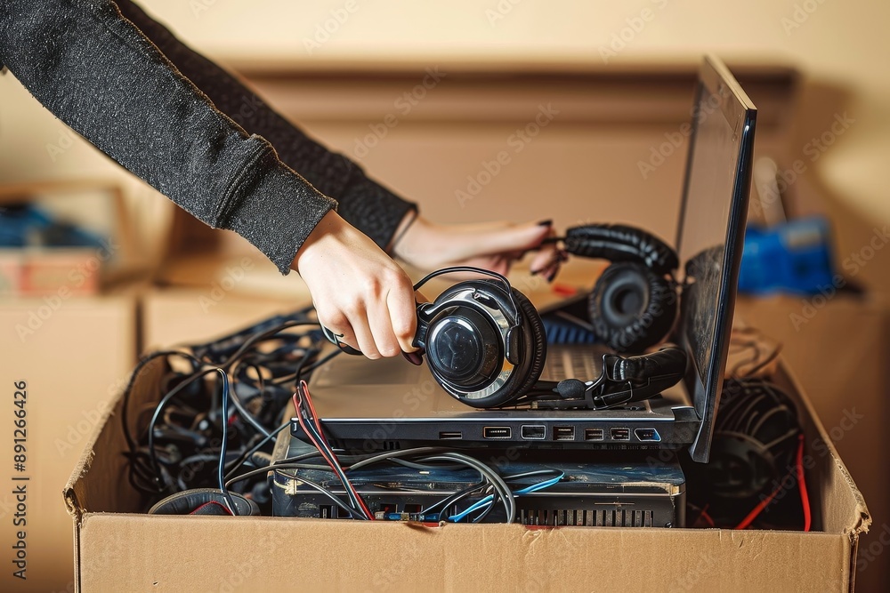 Woman hands put laptop computer and headphones in box full old used ...