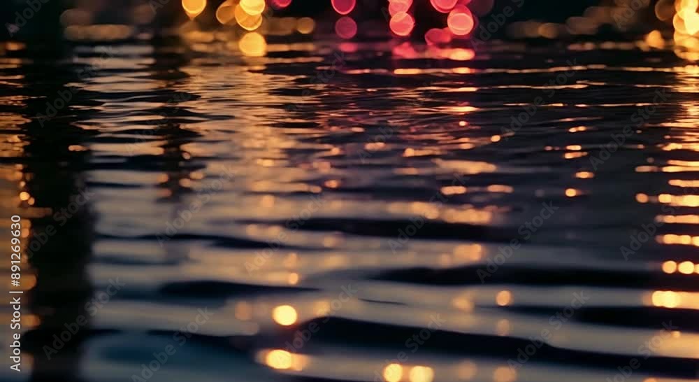 Film the reflections of lights on a body of water at night. The ...