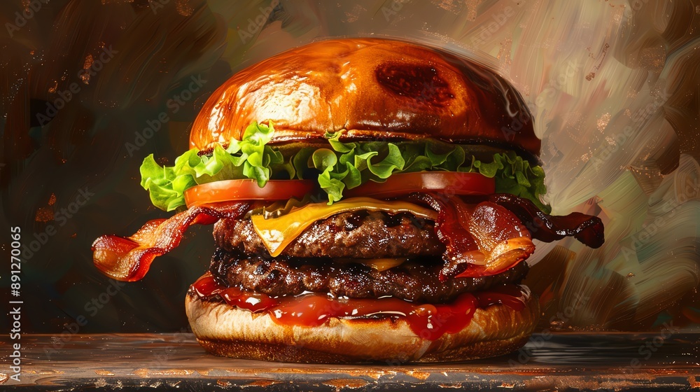 Frontal view of a classic bacon cheeseburger, juicy beef patty, smoky ...