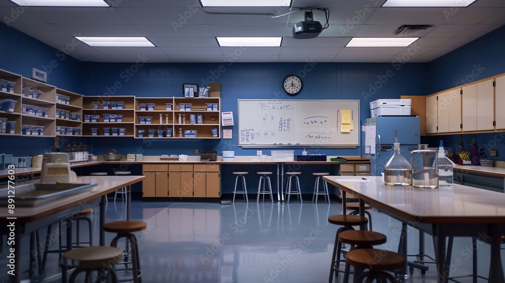 Brightly lit high school lab room featuring rows of lab benches with ...