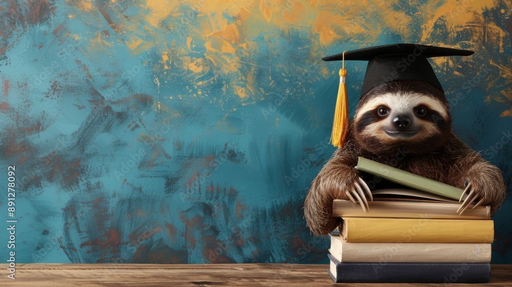 Adorable sloth wearing graduation cap leaning on a stack of books ...