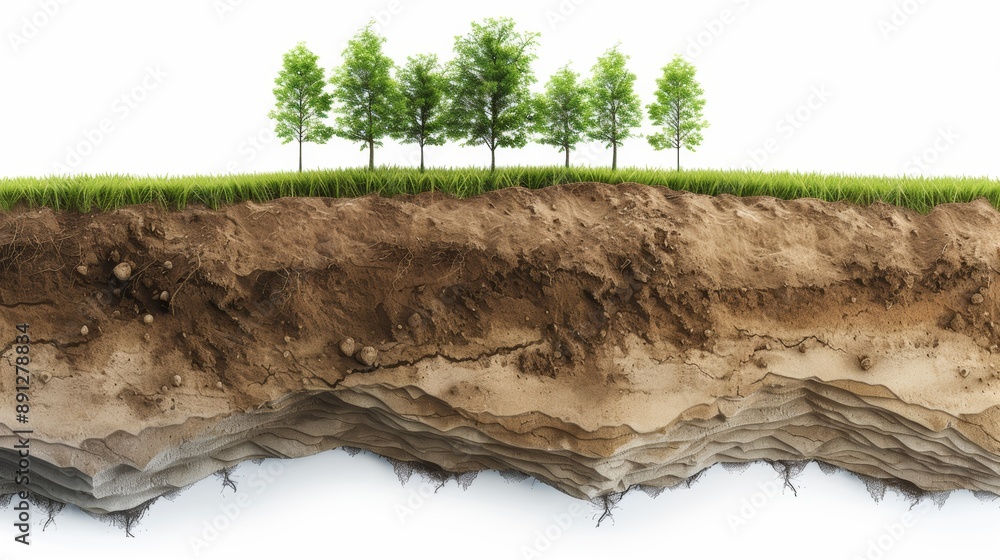 Cross-section of soil layers under a row of trees, showcasing the ...