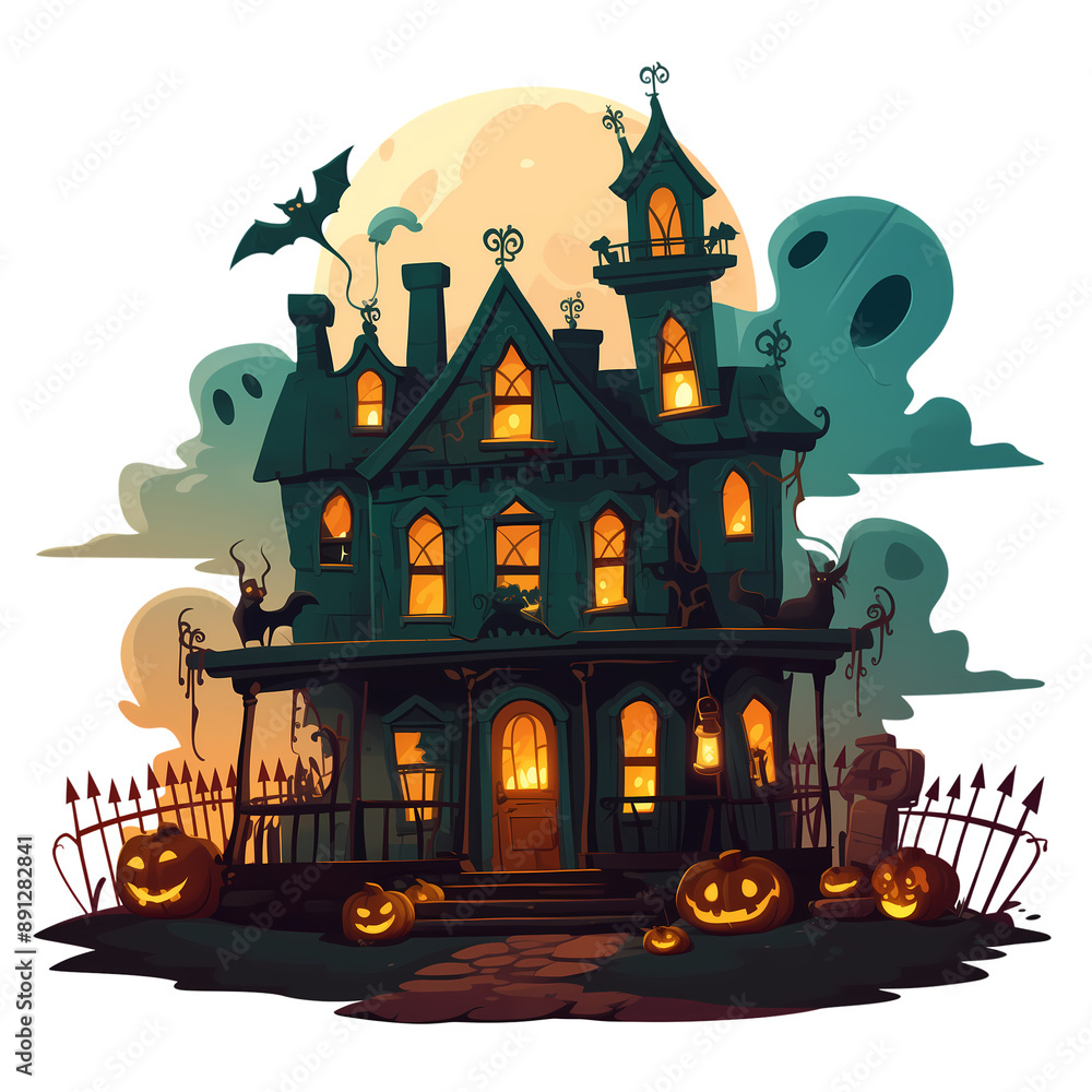 a 2d cartoon clipart drawing of a haunted house on an isolated ...