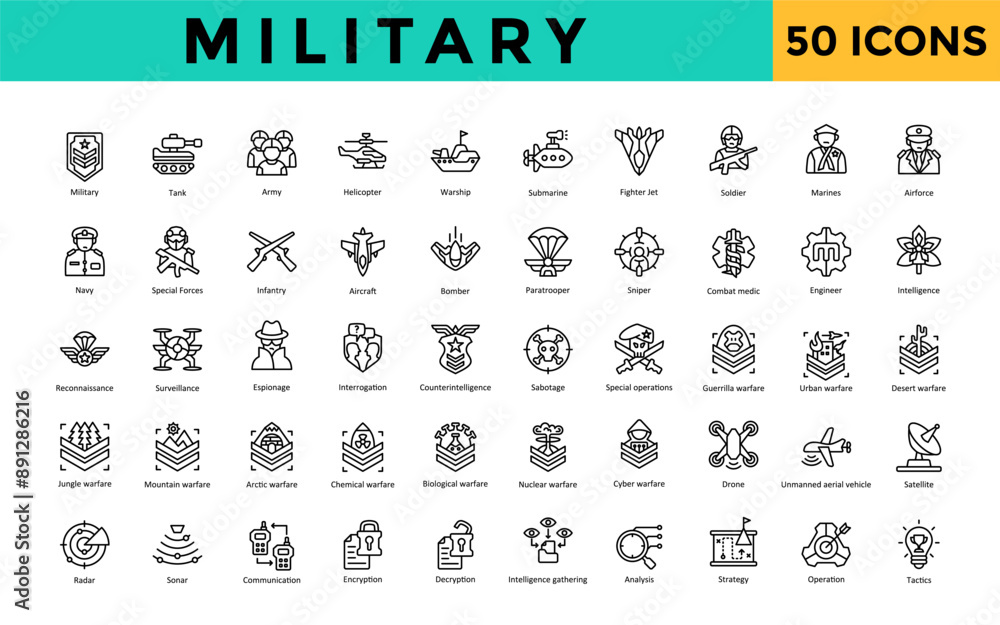 Military icon set with military, tank, army, helicopter, warship, submarine, fighter jet ...