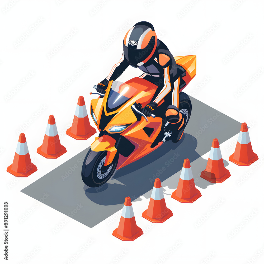 l-driver person drives slalom through the orange cones on motordrome on ...