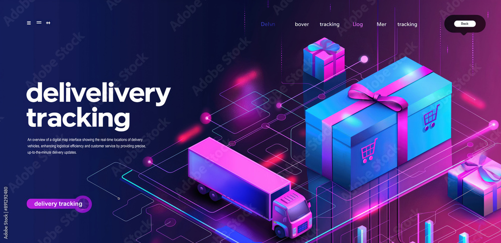 Digital interface showing delivery tracking system with neon graphics ...