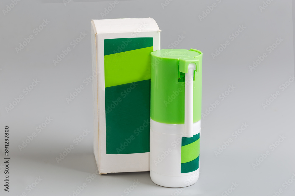 Medicinal spray for treatment of throat and its box package Stock Photo ...