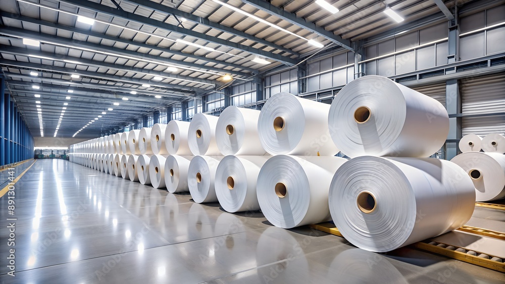 Paper rolls stacked in rows inside a modern paper mill Stock Photo ...