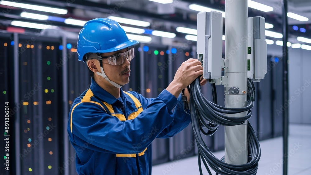 Maintenance worker inspecting cables at a 5G base station in a data ...