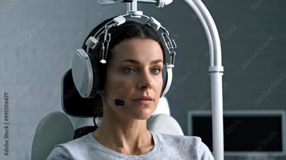 Transcranial magnetic stimulation (TMS) device positioned around the ...