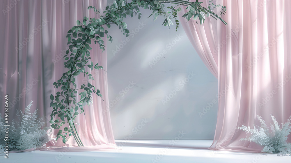 Elegant pink fabric stage backdrop with floral arch and soft lig Stock ...