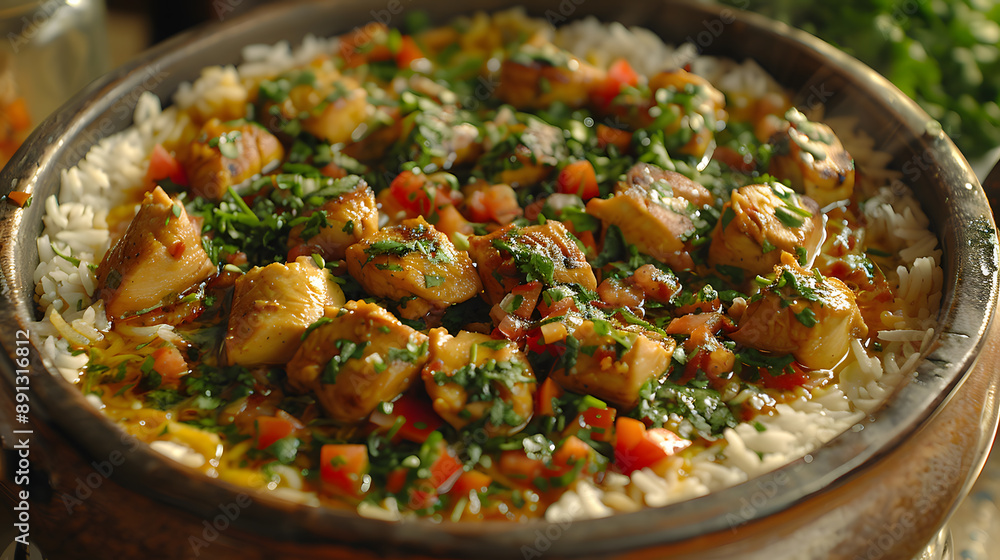 Top view of chicken mandi, national dish of Saudi Arabia, chicken ...