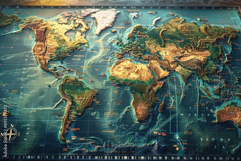 A stylized, textured world map with a vintage, nautical aesthetic. The ...