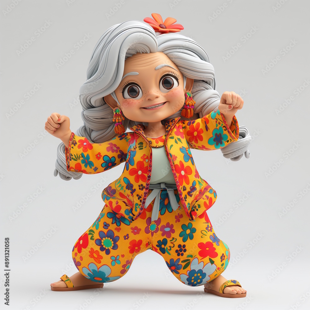 Animated elderly woman in a colorful outfit celebrating joy and energy ...