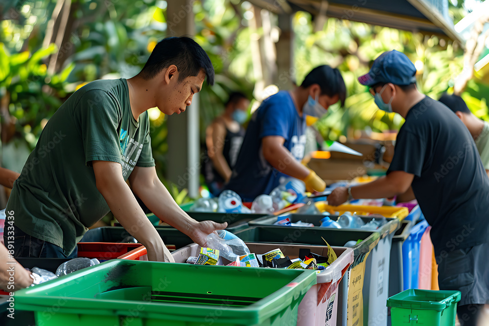 Community members participate in a recycling drive, sorting waste into ...