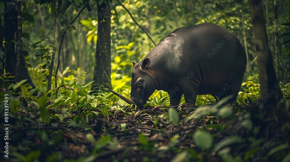 Tapir foraging dense underbrush of Amazon rainforest its thick hide and ...