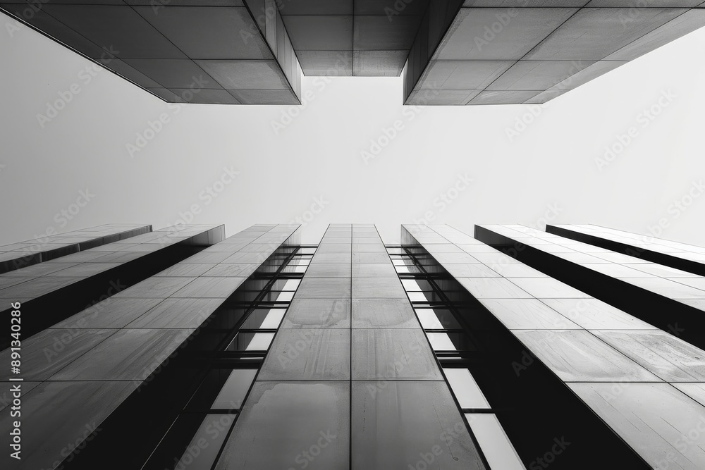 A dramatic skyward view of tall buildings with a narrow gap between ...