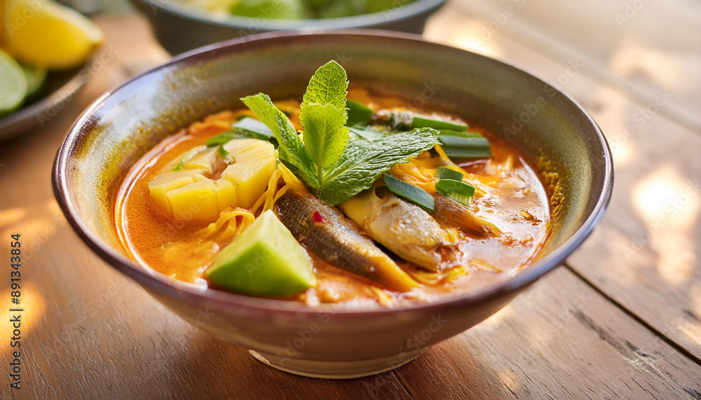 A vibrant image of Penang Assam Laksa, a tangy fish-based noodle soup ...