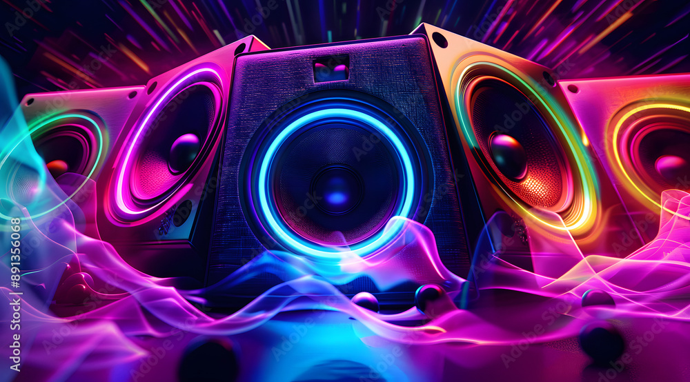 Eye-catching speakers with pulsating sound waves in a spectrum of neon ...