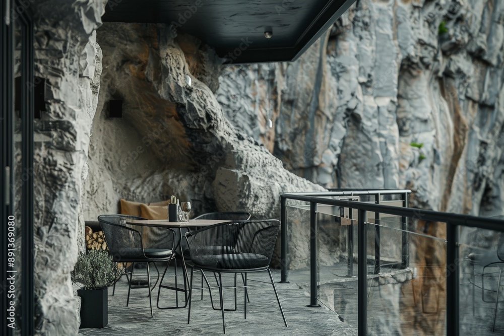A dining area carved into a cliffside featuring contemporary seating, a ...