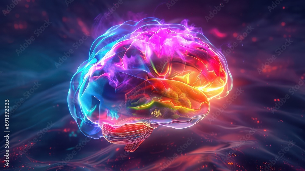 scifi artwork brain. rainbow glowing brain digital art. human brain ...