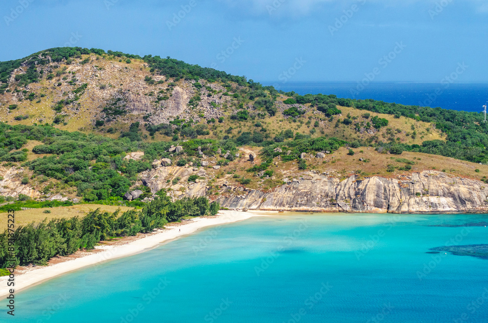 Picturesque aerial view on tropical sandy Watsons Beach with turquoise ...
