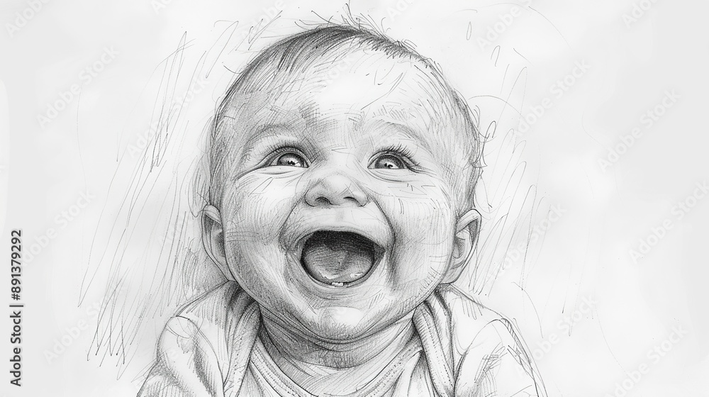 Sketch a baby with chubby cheeks and sparkling eyes, laughing ...