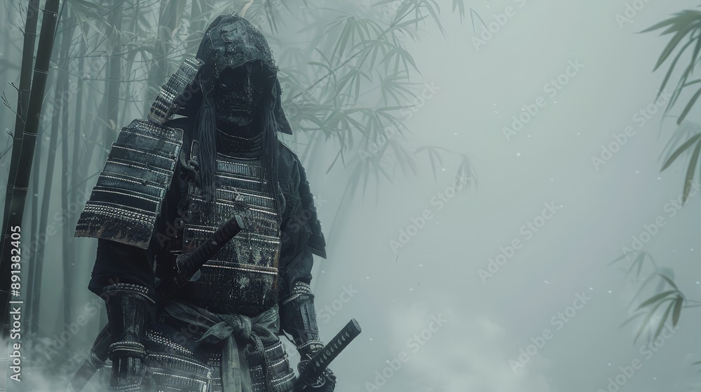 Sinister zombie samurai with ancient armor and rusted katana in a fog ...