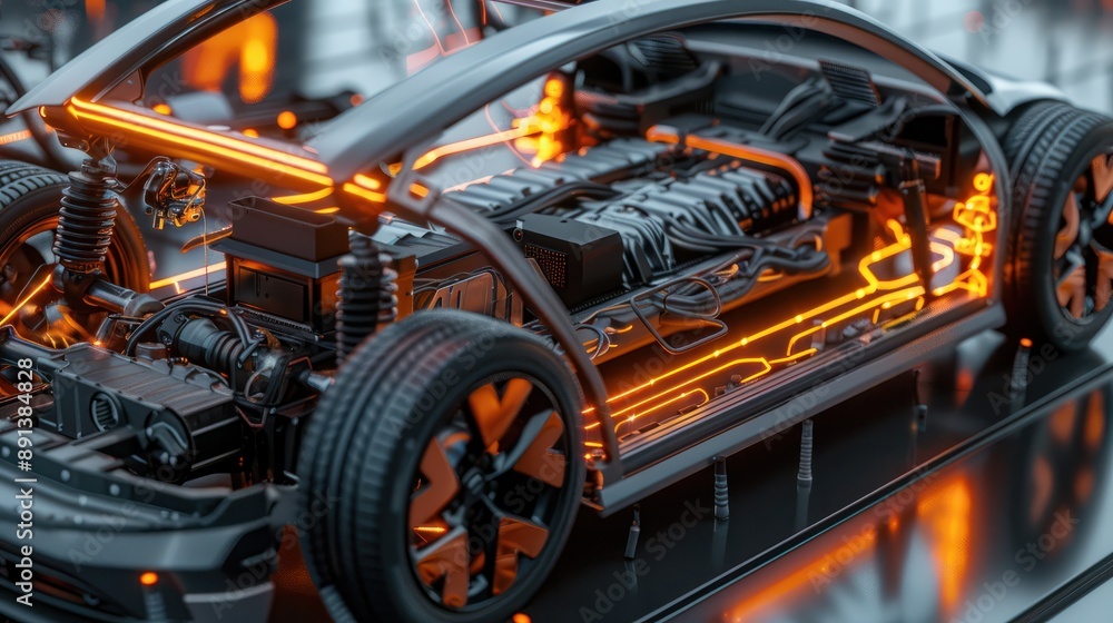 Electric car technical cutaway with all main details of EV system in ...