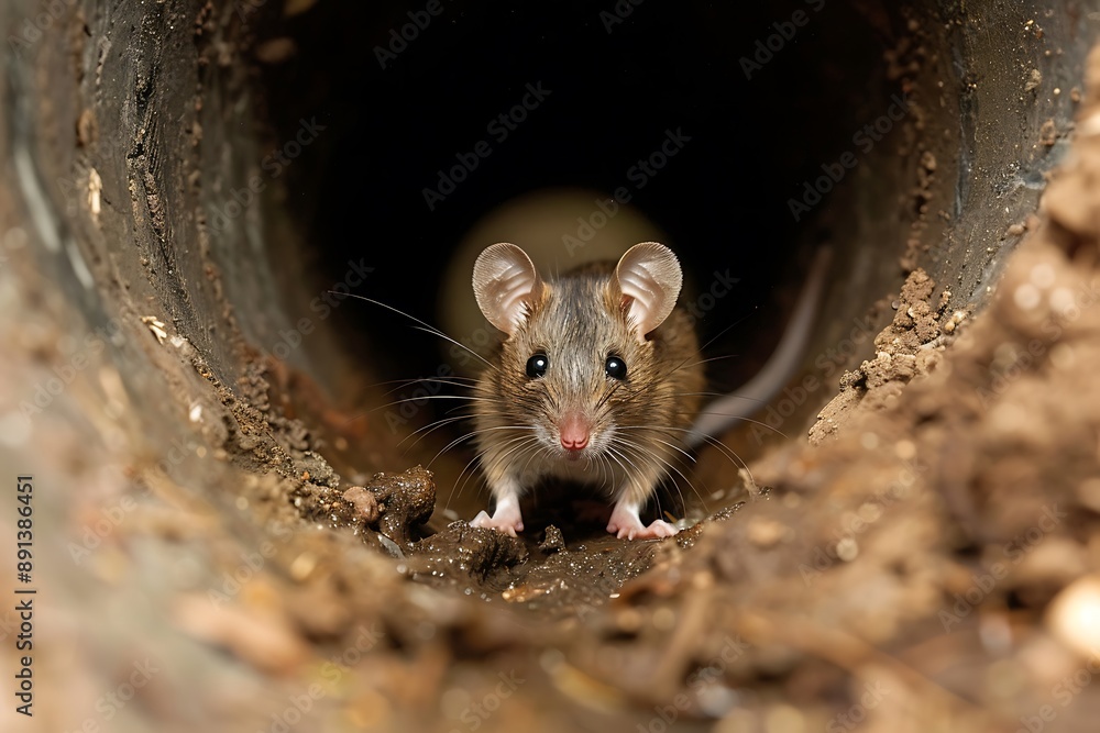 A lone little rat navigates the maze-like tunnels in a narrow drainage ...
