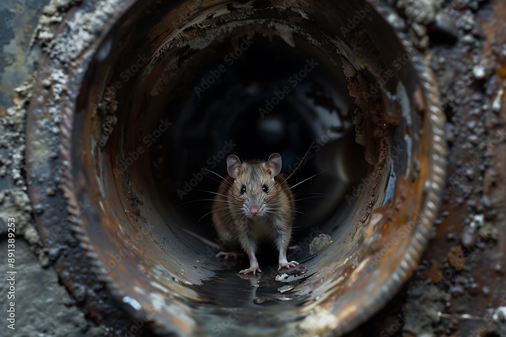 A lone little rat navigates the maze-like tunnels in a narrow drainage ...