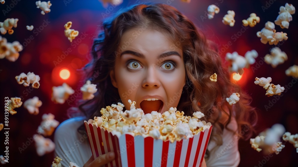Scared screaming Young girl Enjoying Popping Popcorn During Movie Night ...