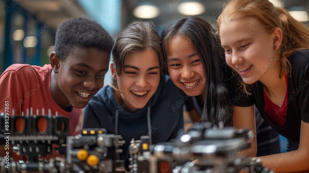Enthusiastic teenagers from various backgrounds gathered around a table ...