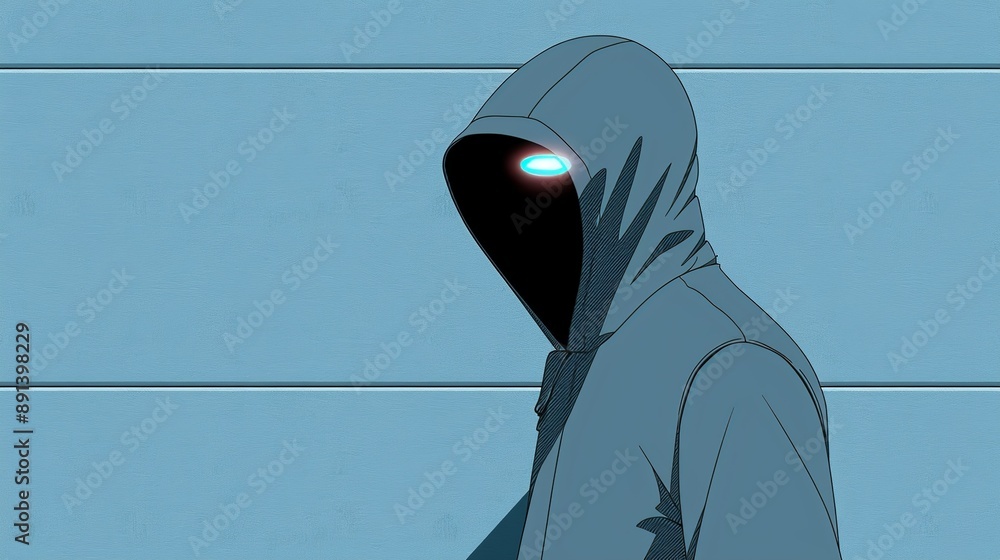 Sinister silhouette of a hooded figure, lurking in the shadows, eyes gleaming. Illustration Flat ...