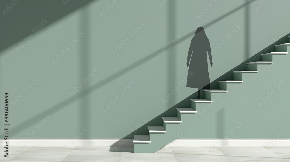 Sinister shadow creeping up a staircase, ominous and foreboding ...