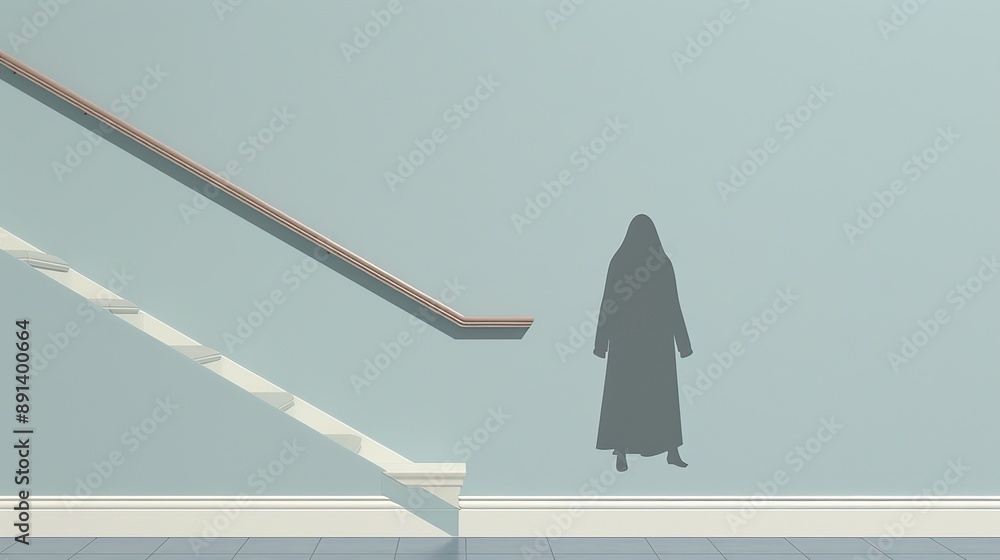 Sinister shadow creeping up a staircase, ominous and foreboding ...