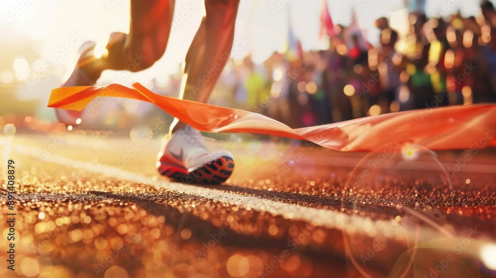 Determined athlete crosses the finish line victoriously in a bustling ...