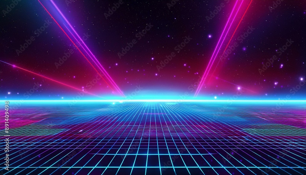 80s Retro Sci-Fi Background with neon lights glowing on a cyber grid in ...