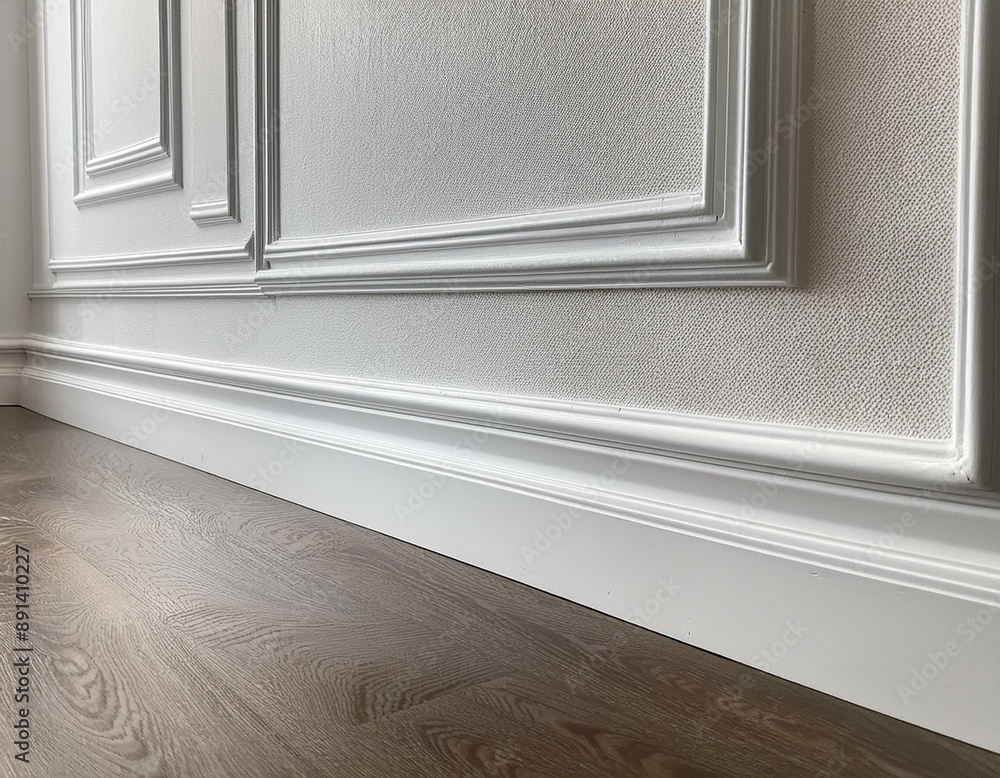 Detail of white wall skirting and trim molding in a room interior ...